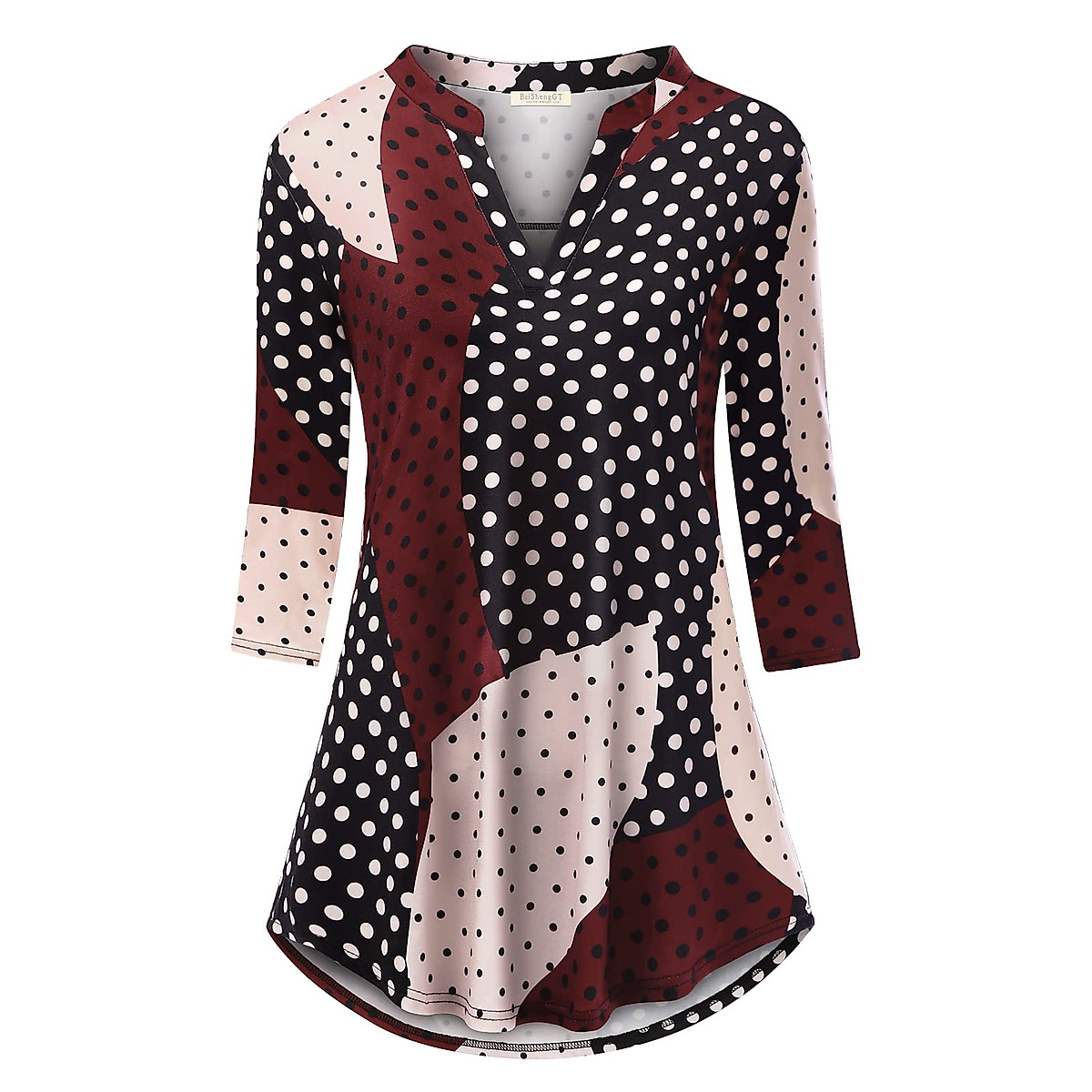 BAISHENGGT Womens Tunics Notch V Neck Tops 3/4 Sleeve Work Blouses Dressy Casual Going Out Shirts Large Polka Dot