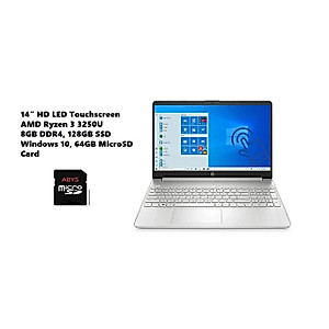 HP 14" HD LED Touchscreen Laptop, AMD Ryzen 3 3250U up to 3.5GHz, 8GB DDR4, 128GB SSD, Bluetooth, Wi-Fi, HD Webcam, HD Audio, Media Card Reader, USB 3.1-C, HDMI, Windows 10, 64GB ABYS Micro SD Card