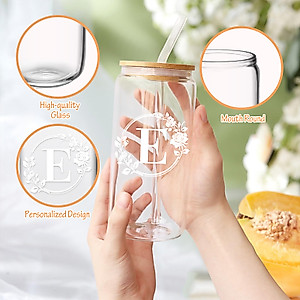 Birthday Gifts for Women, Monogrammed Initial Glass Cup Personalized Gifts for Women, 16oz Glass Cups with Lids and Straws, Iced Coffee Cup, Beer Can Shaped Glass - Personalized Christmas Gifts E