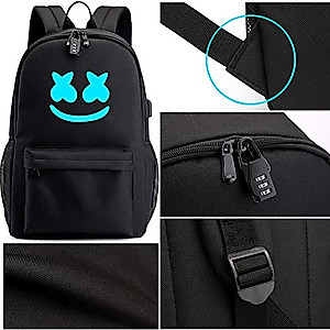 Mello Backpack Marshmallow Backpack Glow in Dark Smile Laptop Backpack for Boys w/USB Headphone Ports & Cables & Lock (M)