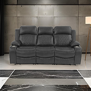 Benjara Seda 80 Inch Power Reclining Sofa, USB Port, Vegan Faux Leather, Charcoal Gray