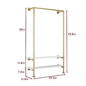 HOMEKAYT Industrial Pipe Clothing Rack Wall Mounted Garment Rack with Wooden Shelves Vintage Hanging Rack for Bedroom, Living room-gold