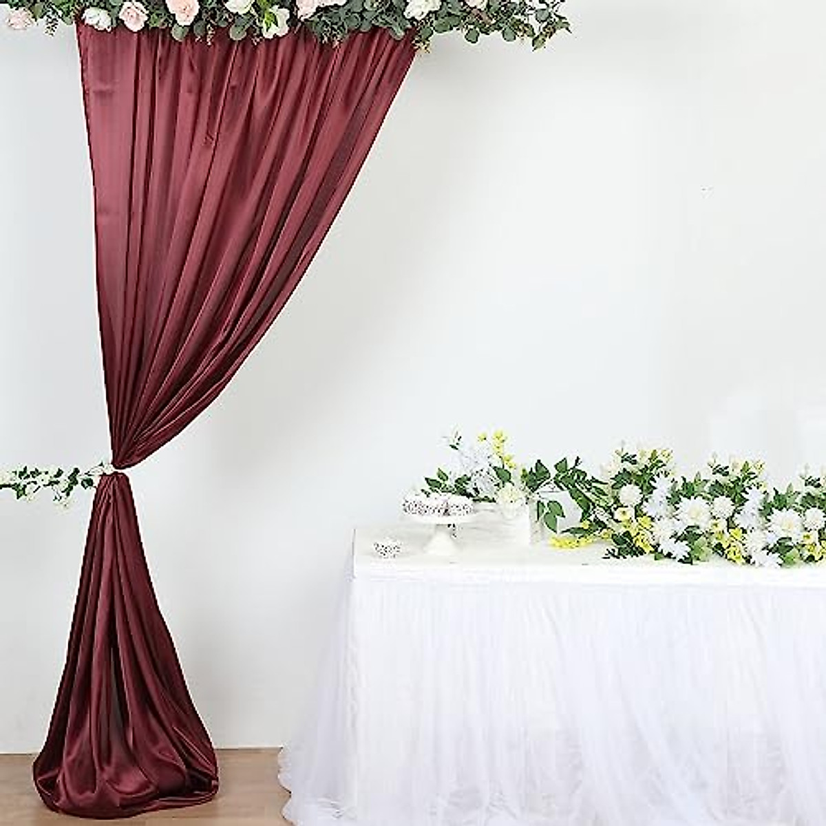 Efavormart 8ftx10ft Burgundy Satin Curtain Panel Backdrop Drapes, Photo Booth Backdrop with Rod Pocket