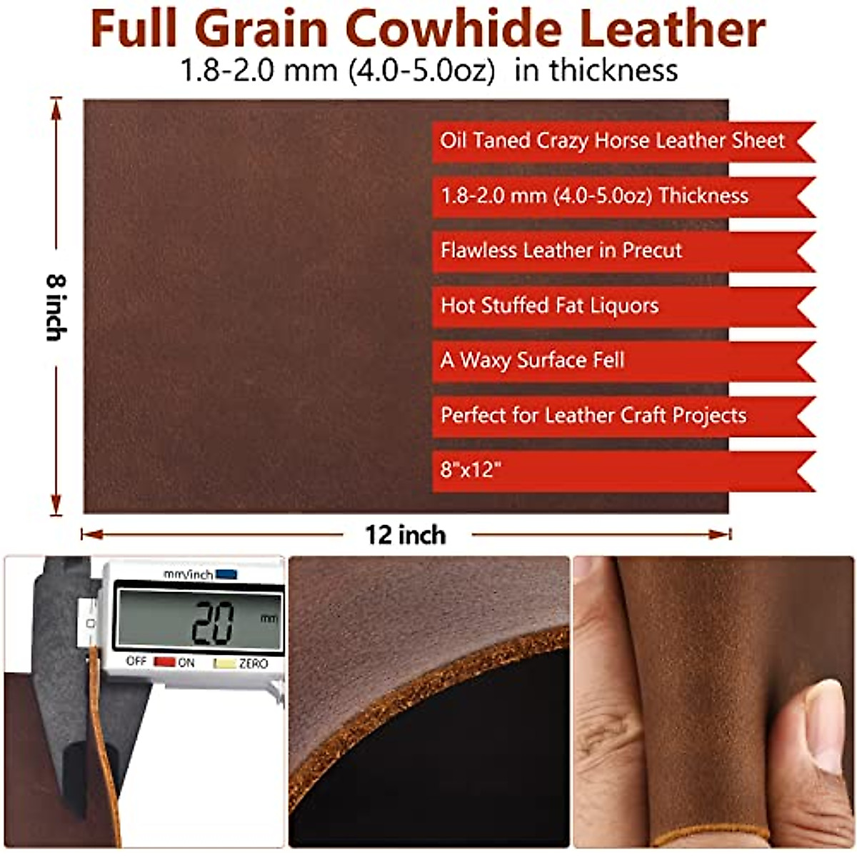 Tooling Leather Square 1.8-2.0MM Thick Genuine Top Full Grain Oil Tan Crazy Horse Cowhide Leather Sheets for Crafts Tooling Sewing Wallet Earring Hobby (Dark Brown, 8"x12")