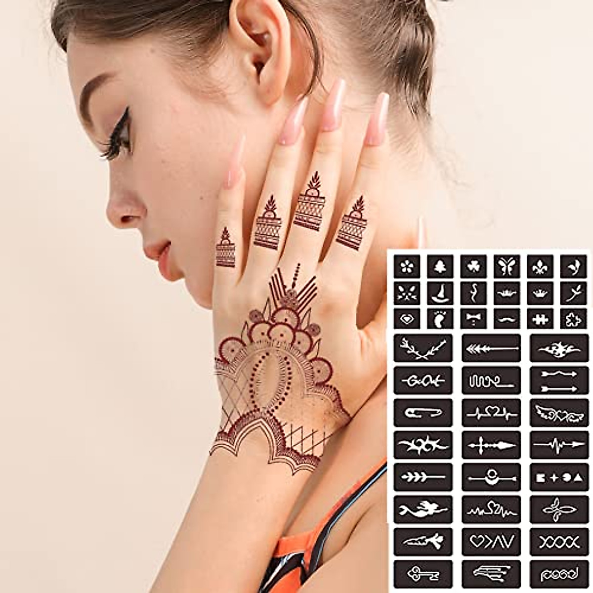 Brown Temporary Tattoo Kit, 4 Bottles Temporary Tattoo Ink with 84 Adhesive Tattoo Stencils, Body Tattoo Markers DIY Tattoos Temp for Men Women