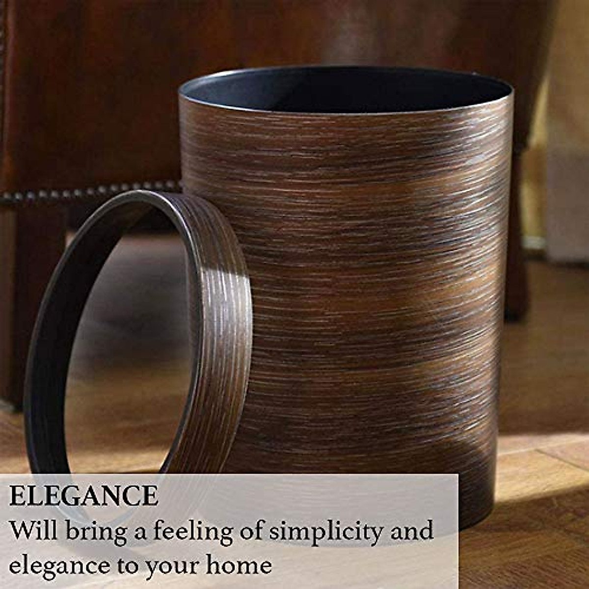 Round Waste Bins Hipsteen Retro Style Pressing Ring Plastic Trash Can Household Office Mimetic Wood Grain Garbage Bin Kitchen Outdoor Bedroom Bathroom Office Commercial Bins Waste