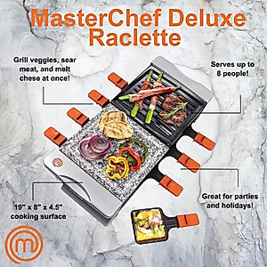 MasterChef Dual Raclette Table Grill w Non-Stick Grilling Plate & Cooking Stone- 8 Person Electric Tabletop Cooker for Korean BBQ- Melt Cheese, Cook Meat & Veggies at Once-(19" x 8") Gift, Summer Pary