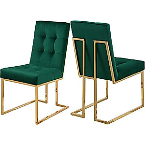 Meridian Furniture Pierre Collection Modern | Contemporary Velvet Dining Chair with Luxurious Deep Tufting and Polished Gold Metal Frame, Set of 2, Green, 18.5" W x 25" D x 36.5" H