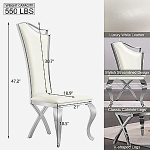 ACEDÉCOR Dining Chairs, White Leather Upholstered Dining Chairs Set of 4, Modern Gorgeous Streamlined High Back Chair with Silver Mirror Curved and X-Shaped Metal Legs