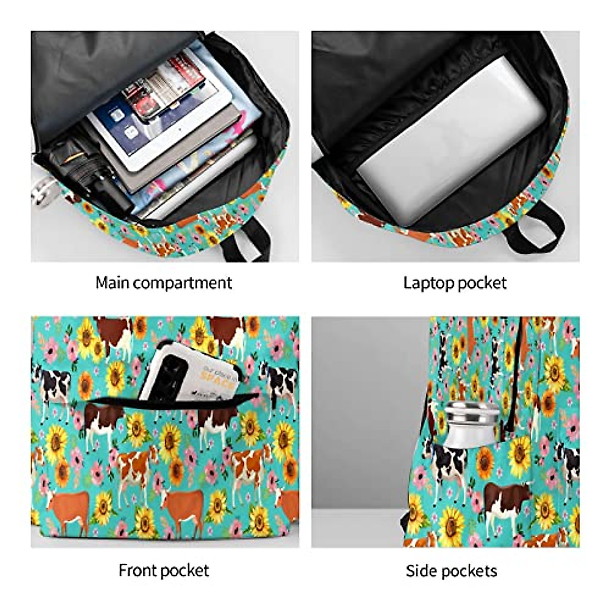 Biunnru Cow Sunflower Flower Travel Backpacks 15 In Cartoon Backpacks For Laptop Backpack