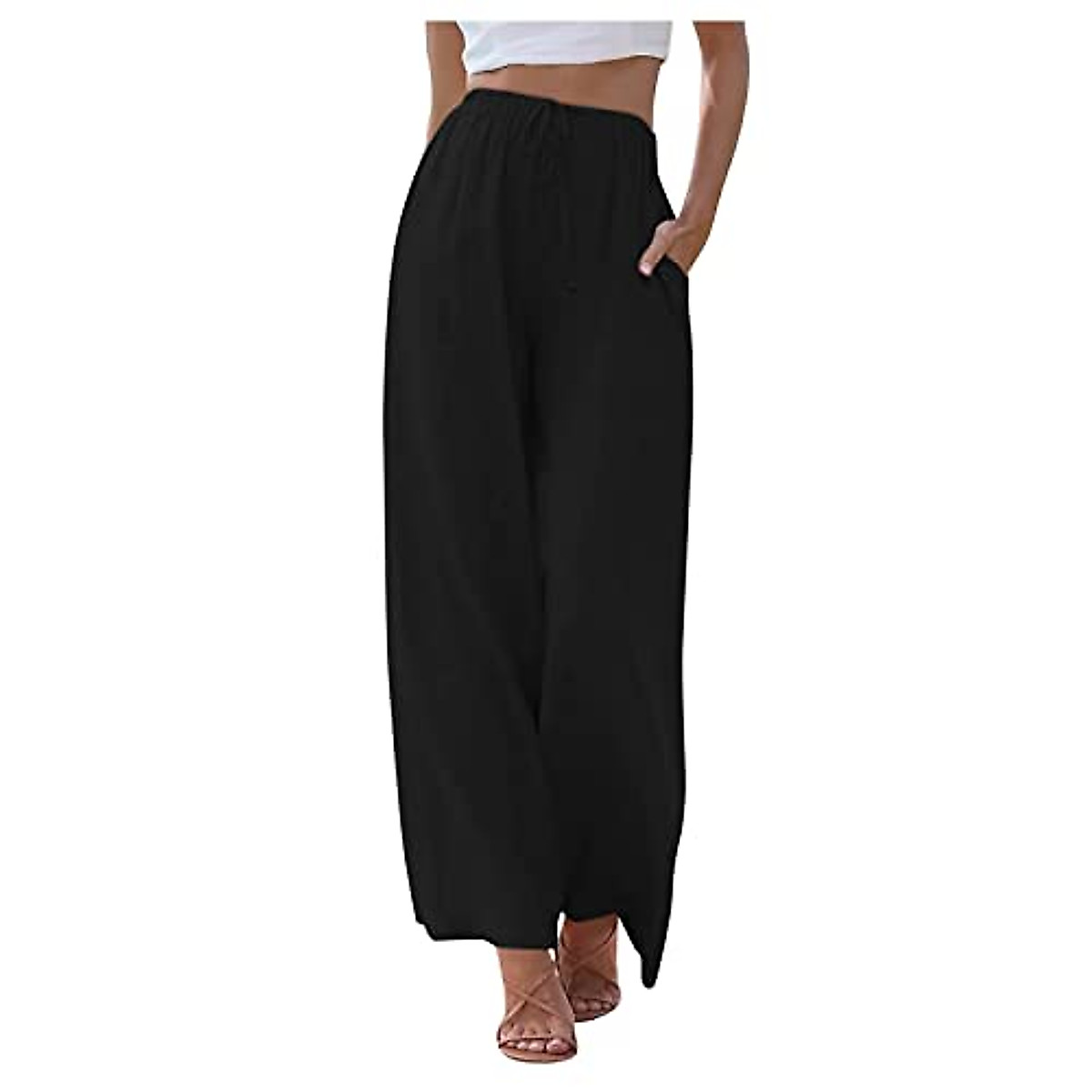 IAMAGOODLADY Palazzo Pants Women's 9-Pant Loose High Waist Cotton Linen Women's High Waisted Pants Linen Pants Women Summer Waisted Elastic Waistband Palazzo