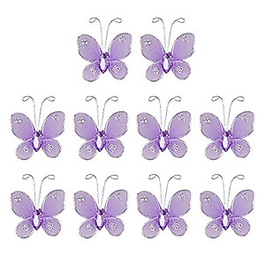 Artibetter 50PCS Wired Mesh Butterfly Glitter Gem Butterfly Craft Decor(Lavender)