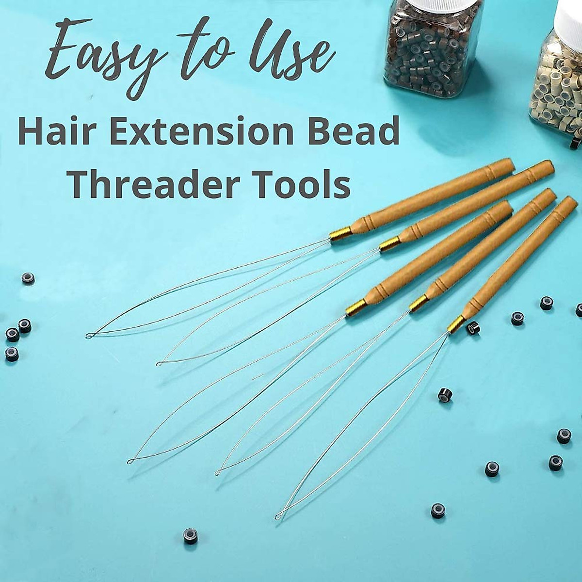 5 Wooden Hair Extensions Loop Needle Threader Wire Pulling Hook Tool for silicone microlink beads and feathers, Set of 5 for hair or feather extensions (5 Loop Tools)