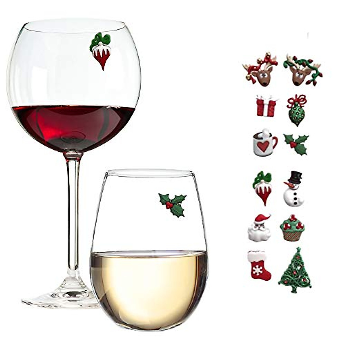 Christmas Holiday Magnetic Wine Glass Charms & Cocktail Markers Set of 12 - Great Christmas Hostess Gift or Stocking Stuffer