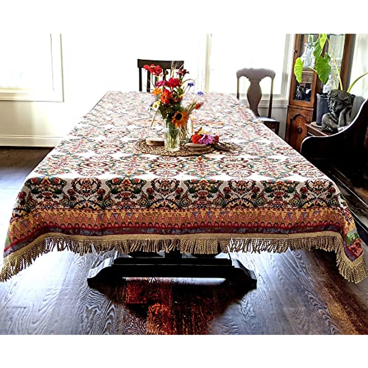 Tache Elegant Ornate Ivory Colorful Paisley Square Tapestry Table Cloth with Tassels, 35x35