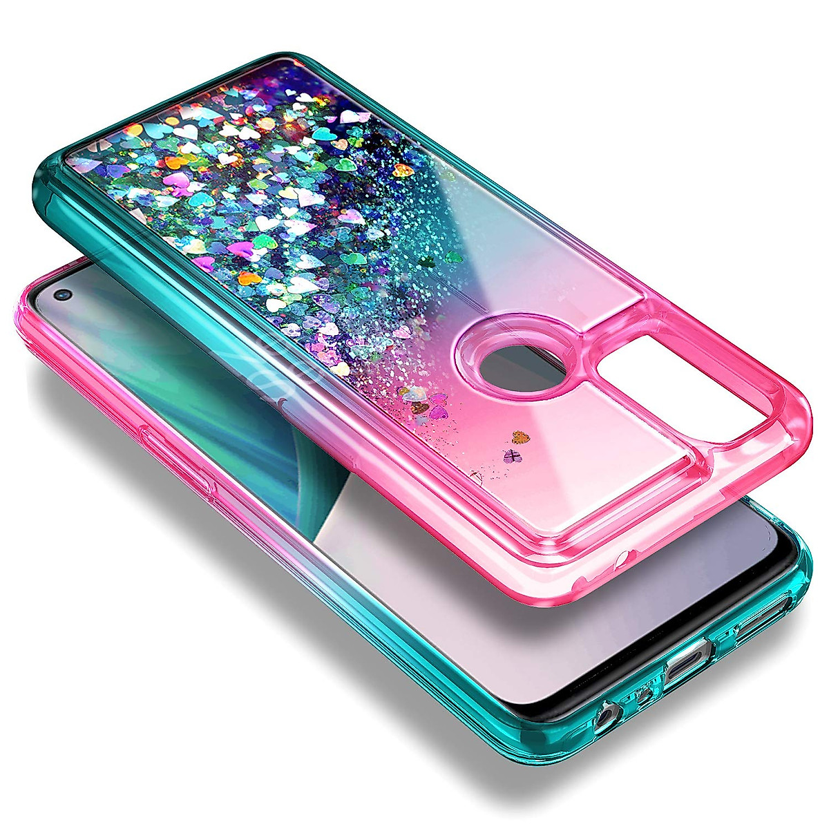 NZND Designed for OnePlus Nord N10 5G Case, Sparkle Glitter Flowing Liquid Women Girls Cute Phone Case for OnePlus Nord N10 5G (Pink/Aqua)
