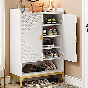 Tribesigns Shoe Cabinet with Doors, 25 Pair Shoe Storage Cabinet with Adjustable Shelves, 6-Tier Modern Wooden Shoe Rack Organizer Cabinet for Entryway, Hallway, Closet, Living Room, White and Gold