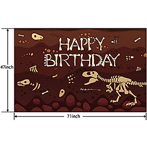 Dinosaur Tyrannosaurus Rex Fossil Happy Birthday Banner Backdrop Animal Dino T-REX Fossil Bones Theme Decorations Decor for Paleontology Party Birthday Party Supplies Background Photo Booth Props