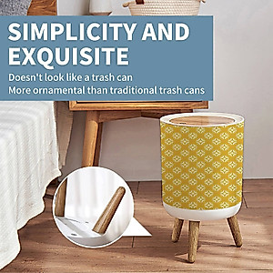 Press Cover Round Trash Bin with Legs Raster Geometric Floral Seamless in Mustard Yellow Color Simple Push Top Trash Can with Lid Dog Proof Garbage Can Wastebasket for Living Room 7L/1.8 Gallon