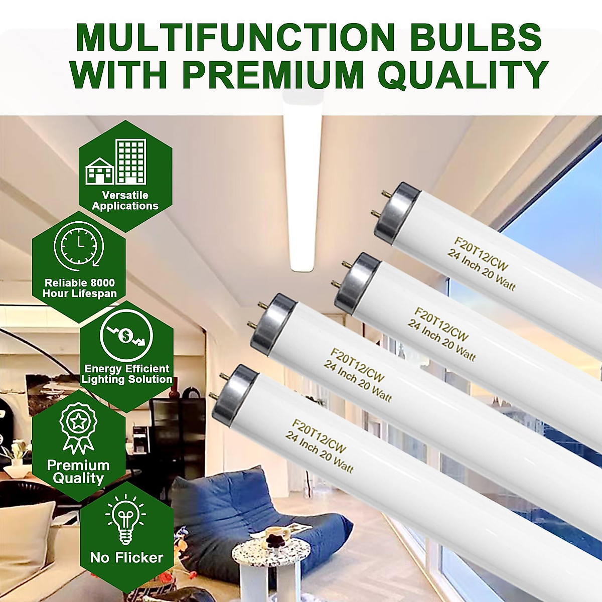 F20T12/CW 20 Watt Light Bulb Cool White, 24 Inch T12 Fluorescent Tube 20W Compatible with Philips Sylvania GE Light Fixture G13 Cap 4 Count