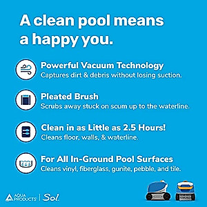 Aqua Products Sol Robotic Pool Cleaner, Automatic Vacuum for Inground Pools up to 36ft, 50ft Cable Length, Wall Climbing Vac w/Strong Suction & Easy to Clean Debris Basket