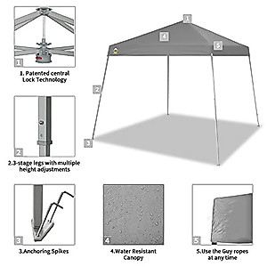 CROWN SHADES Patented 10ft x 10ft Base and 8ft x 8ft Top Slant Leg Outdoor Pop up Portable Shade Instant Folding Canopy with Carry Bag,Grey