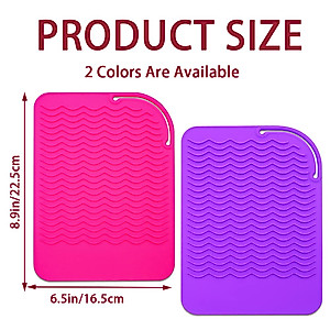 2 Pack Silicone Heat Resistant Travel Mat, Non Slip Curling & Flat Iron Mat Pad, Portable Styling Heat Mat for Hot Hair Tools, Straightener, Salon Appliances, 9x6.5 (Rose red,Purple)