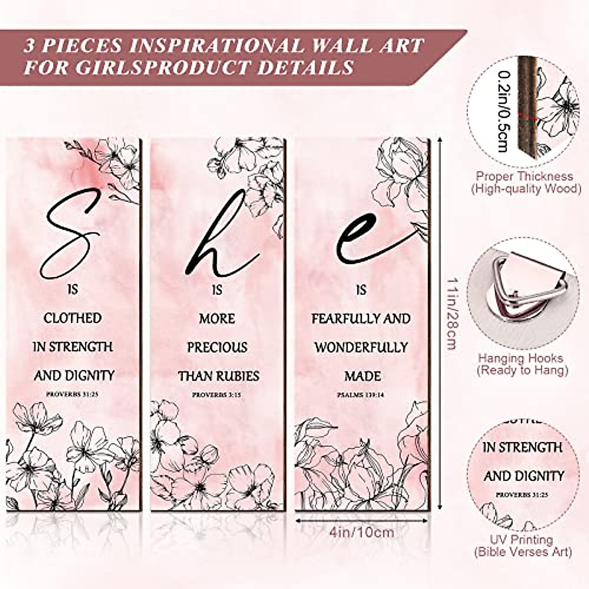 Qunclay 3 Pcs Pink Flower Inspirational Wall Decor Art Gift Wooden Motivational Hanging Christian Quotes Floral Decor for Women Girl Living Room Gift (11.81 x 3.94 x 0.2 Inch,Pink)