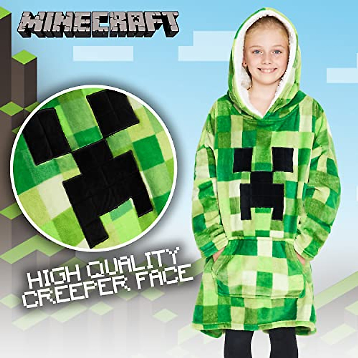 Minecraft Fleece Hoodie Blanket for Kids and Teenagers One Size Kids Fleece Poncho with Sherpa-Lined Hood Gifts for Gamers (Light Green)