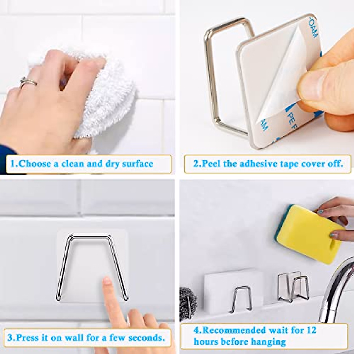 Sunmeyke Waterproof Adhesive Sponge Holder for Kitchen Sink, Never Rust Stainless Steel Silvery(2 Packs), Minimal Size Save Sink Space