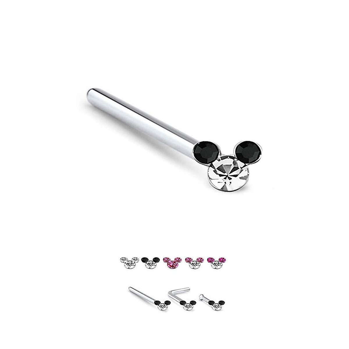 925 Sterling Silver L Bend Nose Stud Ring Mickey Mouse Black/Clear 22G