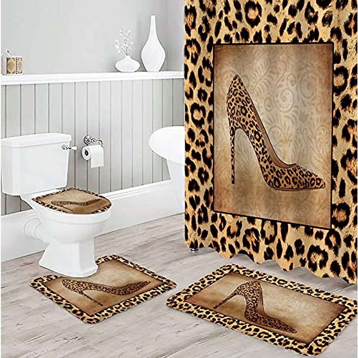 4 Pcs Shower Curtain Sets Brown Wild Leopard Print High Heel Waterproof Fabic Bathroom Set with Non-Slip Rugs Toilet Lid Cover Bath Mat, Sexy Women Shower Curtain with Hooks -66x72 inch, Large