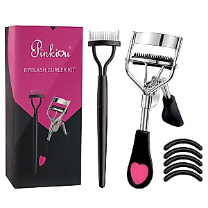 Pinkiou Eyelash Curlers with Comb and Eeylash Separator Set Professional Lash Curler with Built-in Comb Ergonomic Heart-Shaped Handle and Eyelash Comb Tool for Daily Makeup