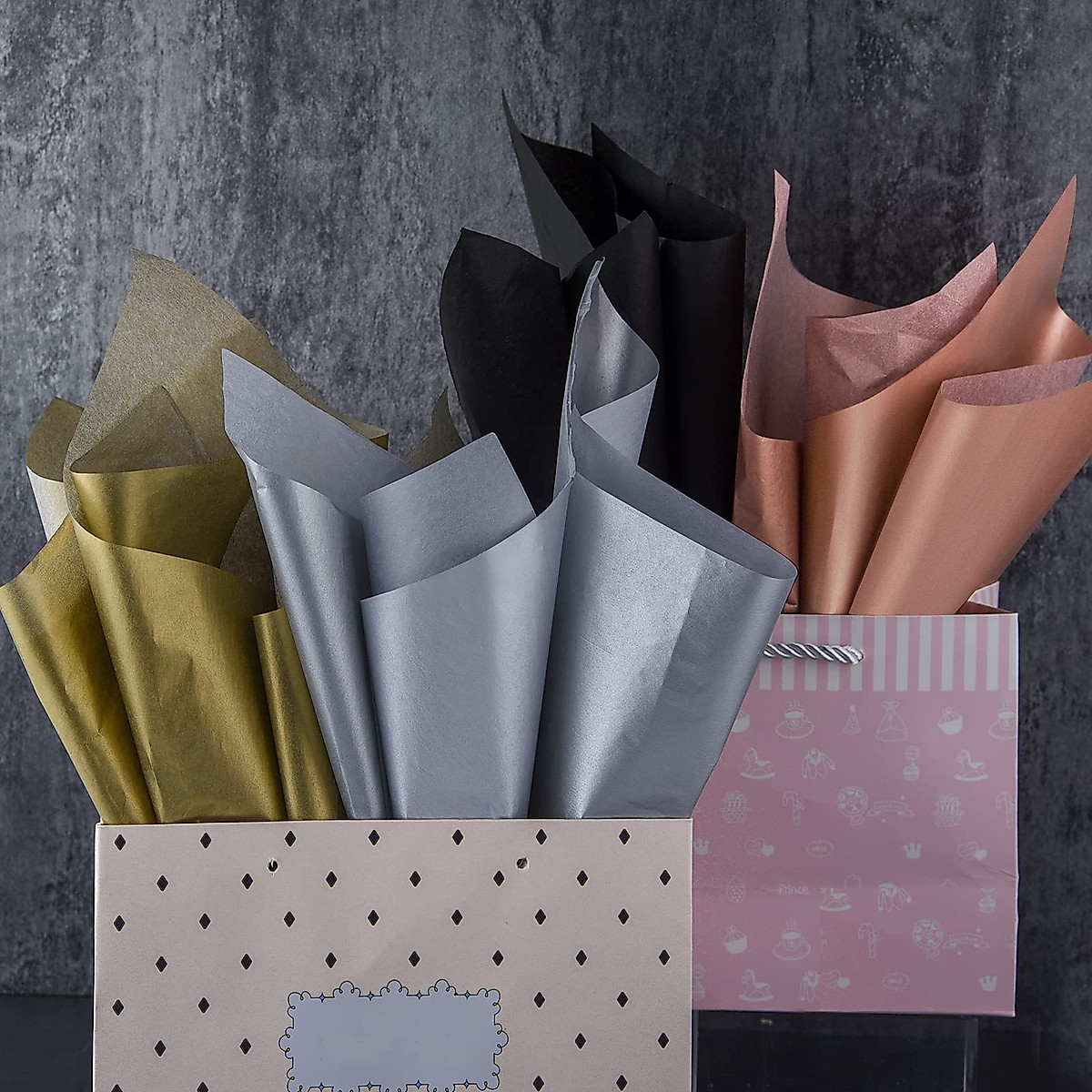MIAHART 90 Sheets Metallic Gift Wrapping Paper Tissue Paper Bulk for Christmas Weddings Birthday Graduation Party Decor DIY Arts Crafts 20x14Inch (Metallic Gold Silver Rose Gold and Black)