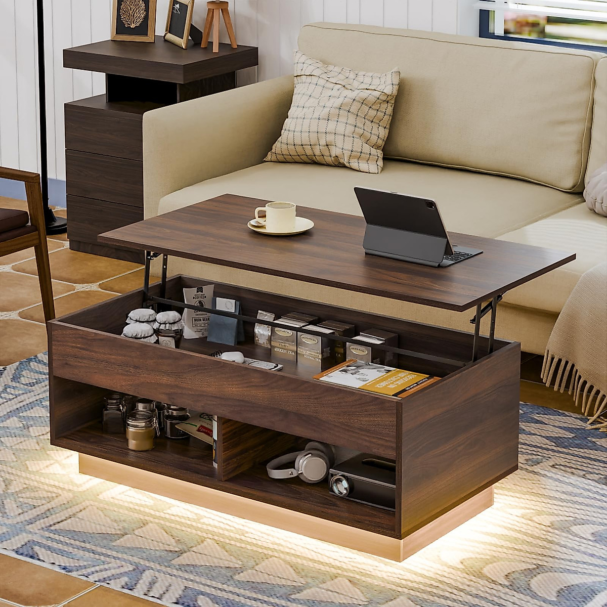 HOMMPA Lift Top Coffee Table with Hidden Storage LED Coffee Table Dark Walnut Living Room 3 Tiers Tea Table with Storage Center Tables Hidden Compartment & 2 Open Shelves