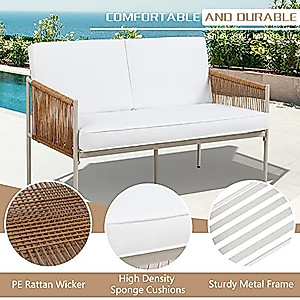 JAMFLY Patio Furniture 2 Piece Wicker Set, Outdoor Patio Furniture Rattan Conversation Set, All Weather Patio Set Loveseat Sofa for Backyard, Balcony, Porch with Soft Cushions and Glass Table