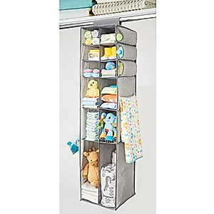 mDesign Long Soft Fabric Over Closet Rod Hanging Storage Organizer with 12 Divided Shelves, Side Pockets for Child/Kids Room or Nursery, Store Diapers, Wipes, Lotions, Toys - Gray
