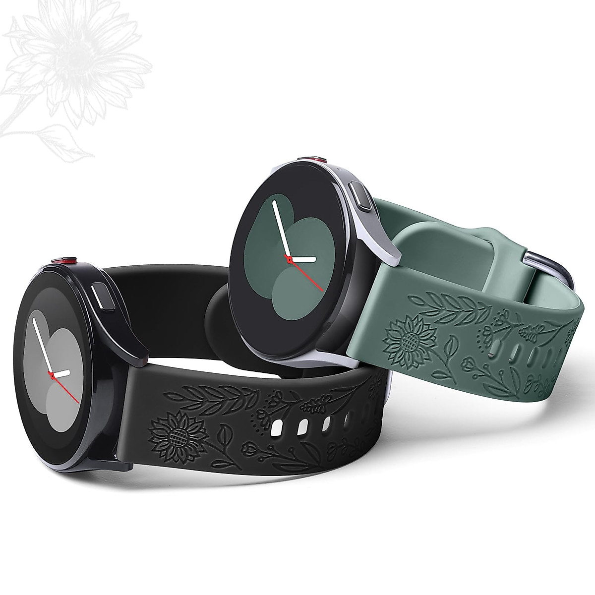 SNBLK Flower Engraved Bands Compatible with Samsung Galaxy Watch 7 6 5 4 Band 40mm 44mm, 20mm Strap for Galaxy Watch 6 40mm 44mm/Galaxy Watch 42mm/Watch 3 41mm/Active 2 40mm 44mm, Black