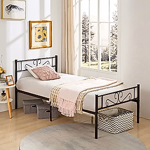 VECELO Twin Bed Frame with Headboard and Footboard, Strong Metal Slat Support & 12'' Underbed Storage Space, No Box Spring Needed, Black