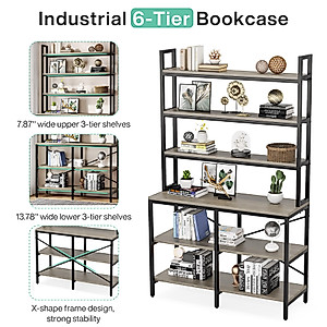Tribesigns 6-Tier Bookshelf,Industrial Bookcase with Open Shelf,6 Shelf Storage Rack with X-Shaped Frame,Rustic Book Shelf for Living Room, Bedroom,Home, Office (1, Retro Gray)