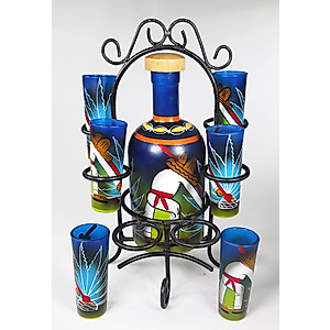 Eye4Art Mexican Tequila Shot Glasses and Bottle Set, Tequila Making Scene, Poncho with Agave Cactus hand painted Bottle, with display stand