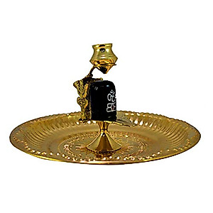 Crafting Bear Shaligram Shiva Ling Lingam Statue Marble Stone Snake Trishul Set Brass Stand with Decorative Pooja Thali for Home Temple Decor, 8 cm