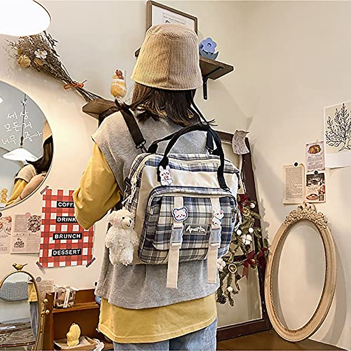 SINRWROD Kawaii Backpack with Bear Plush Pin, Aesthetic Backpack Japanese School Handbag Ita Bag, Back to School Backpack One Size