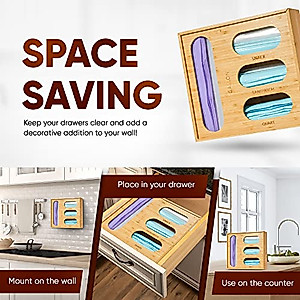 HidzBasics Ziplock Bag Organizer – Bamboo Ziplock Bag Storage Organizer for Gallon, Quart, Sandwich, and Snack Size Food Bags – Baggie Organizer for Kitchen Drawer and Pantry – Wooden Slider Lid