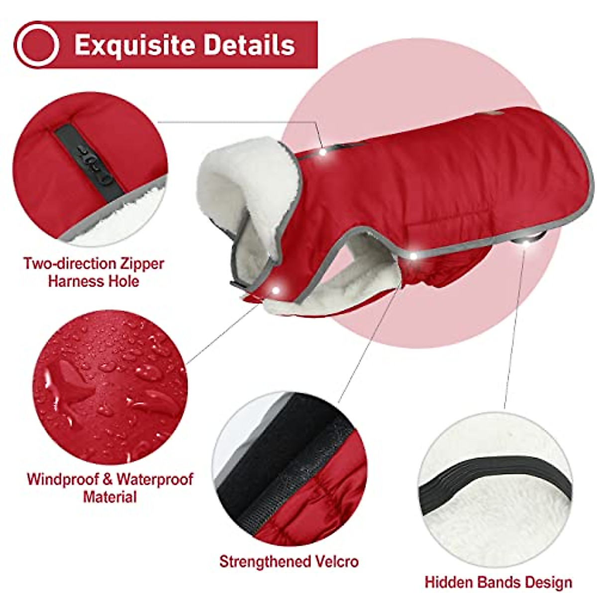 ALAGIRLS Thick Fleece Lining Winter Dog Coat, Classic Padded Warm Dog Coat with Harness Hole, Windproof Dog Vest Clothes Pet Apparel for Cold Weather, Red L