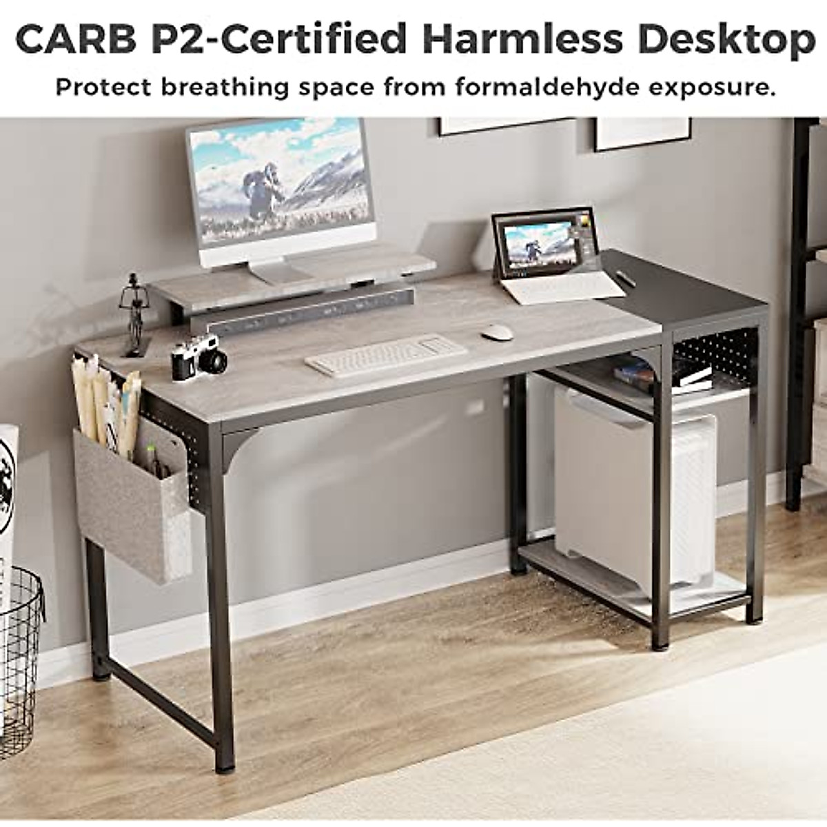 55 Inch Oak Grey Home Office Computer Desk with Monitor Stand Storage Shelves, Work Study Writing PC Gaming Table Large Workstation with Sturdy Black Metal Frame Dual Pegboard Organizers & Accessories