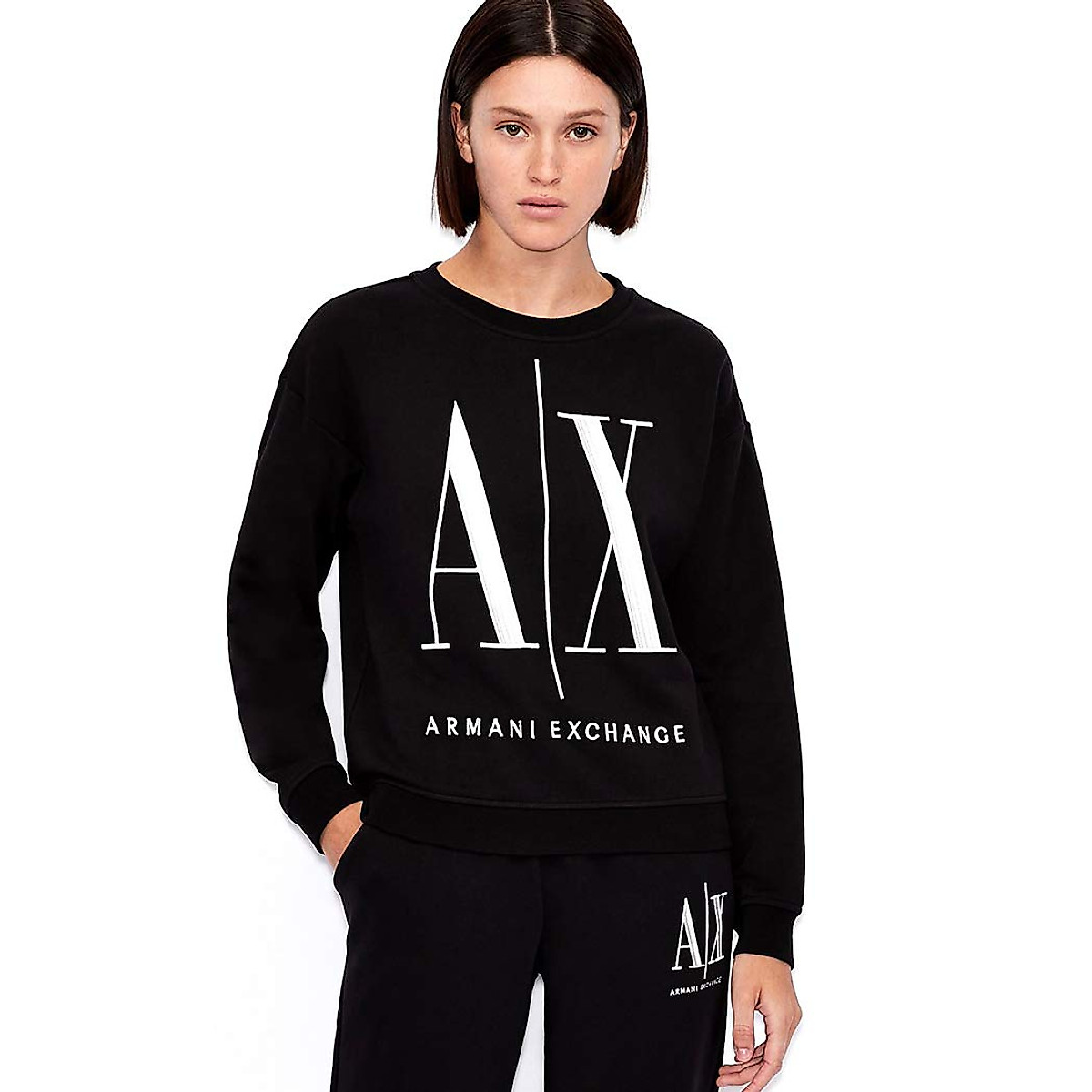 A|X ARMANI EXCHANGE womens Icon Logo Pullover Sweatshirt, Black, Large US