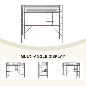 IKIFLY Twin Size Loft Bed with Desk & Storage Shelves, Metal Loft Bed Frame with 2 Built-in Ladders, Safety Guard Rail, Space-Saving Design, Noise Free, No Box Spring Needed - Silver Grey
