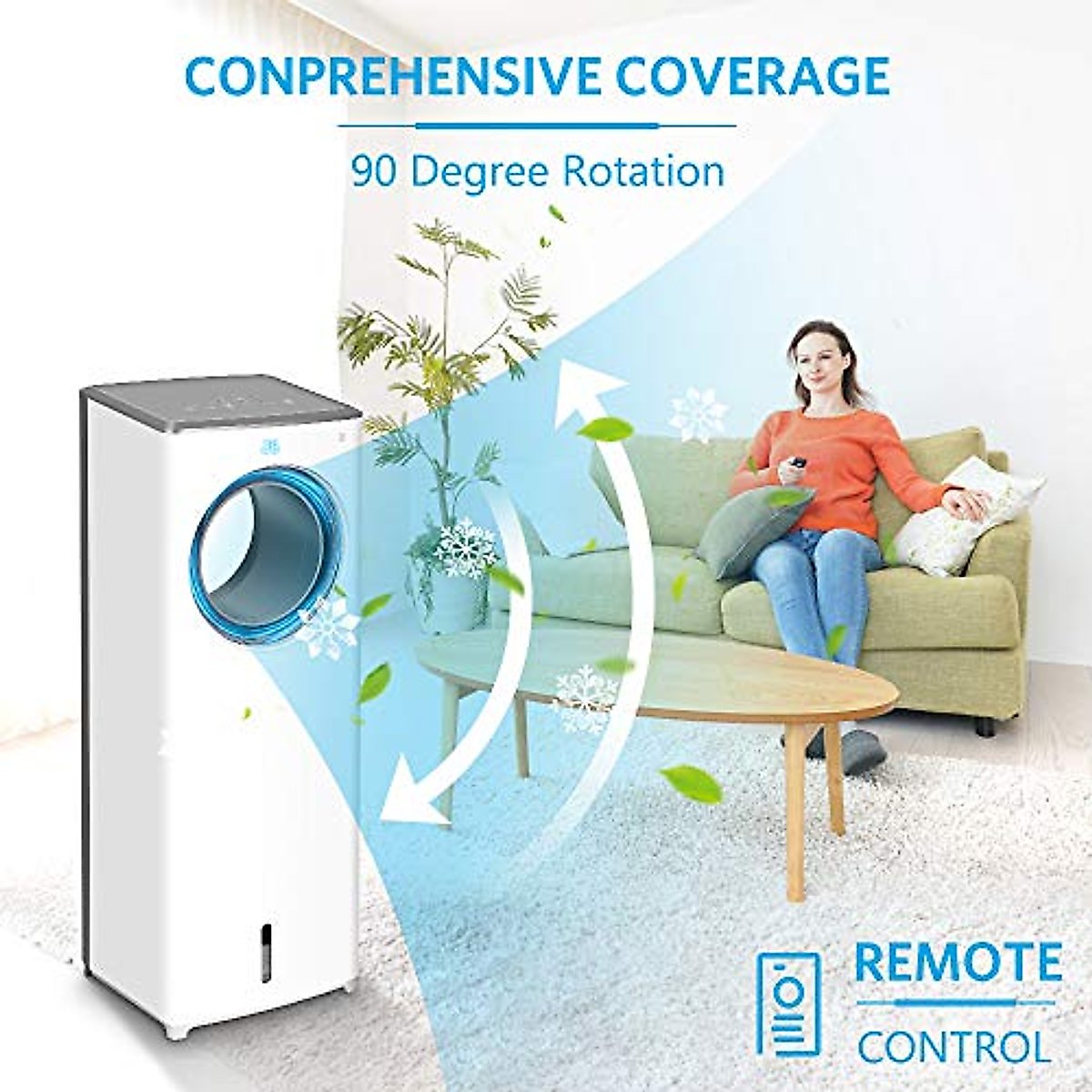 Evaporative Air Cooler - 2-in-1 Portable Air Cooling Fan, Instant Cool & Humidify with 3 Speeds, No Noise Tower Fan, No Dust, 3 Modes, 90°Oscillation, 8H Timer, Bladeless Fan for Large Room Office