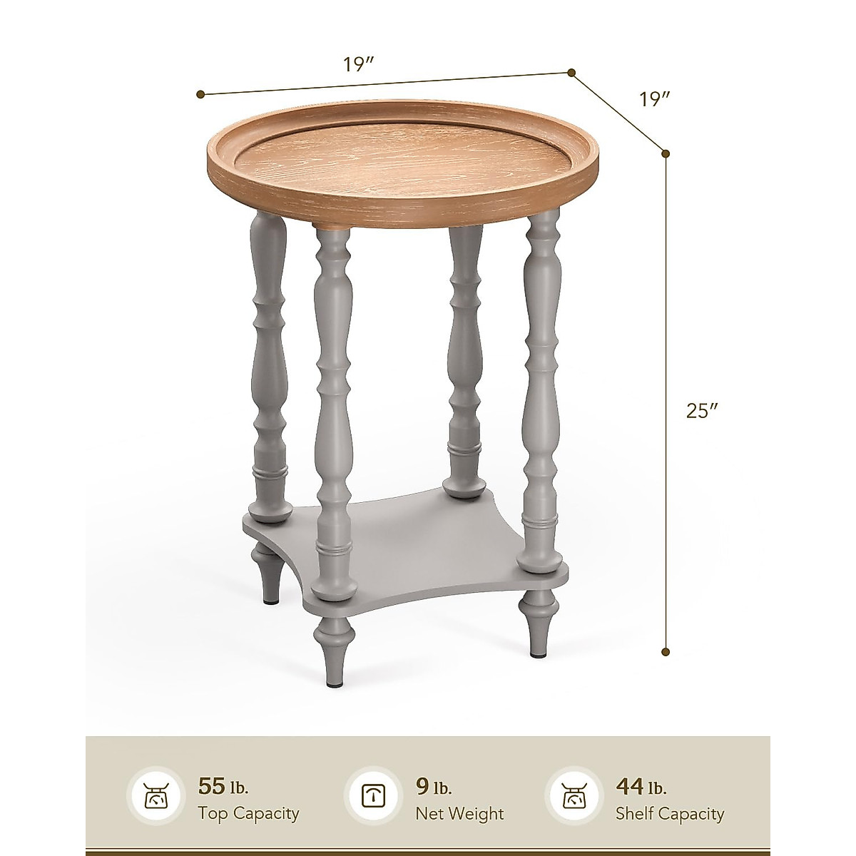 VONLUCE French Country End Table, 19'' Round Farmhouse Side Table, Distressed Wood Tray Top Rustic Accent Table for Living Room Bedroom, Small Space, Gray